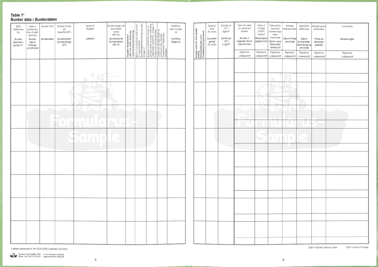 Bunker Sample and SECA Fuel Change-Over Record Book | Bridge & Deck Log ...