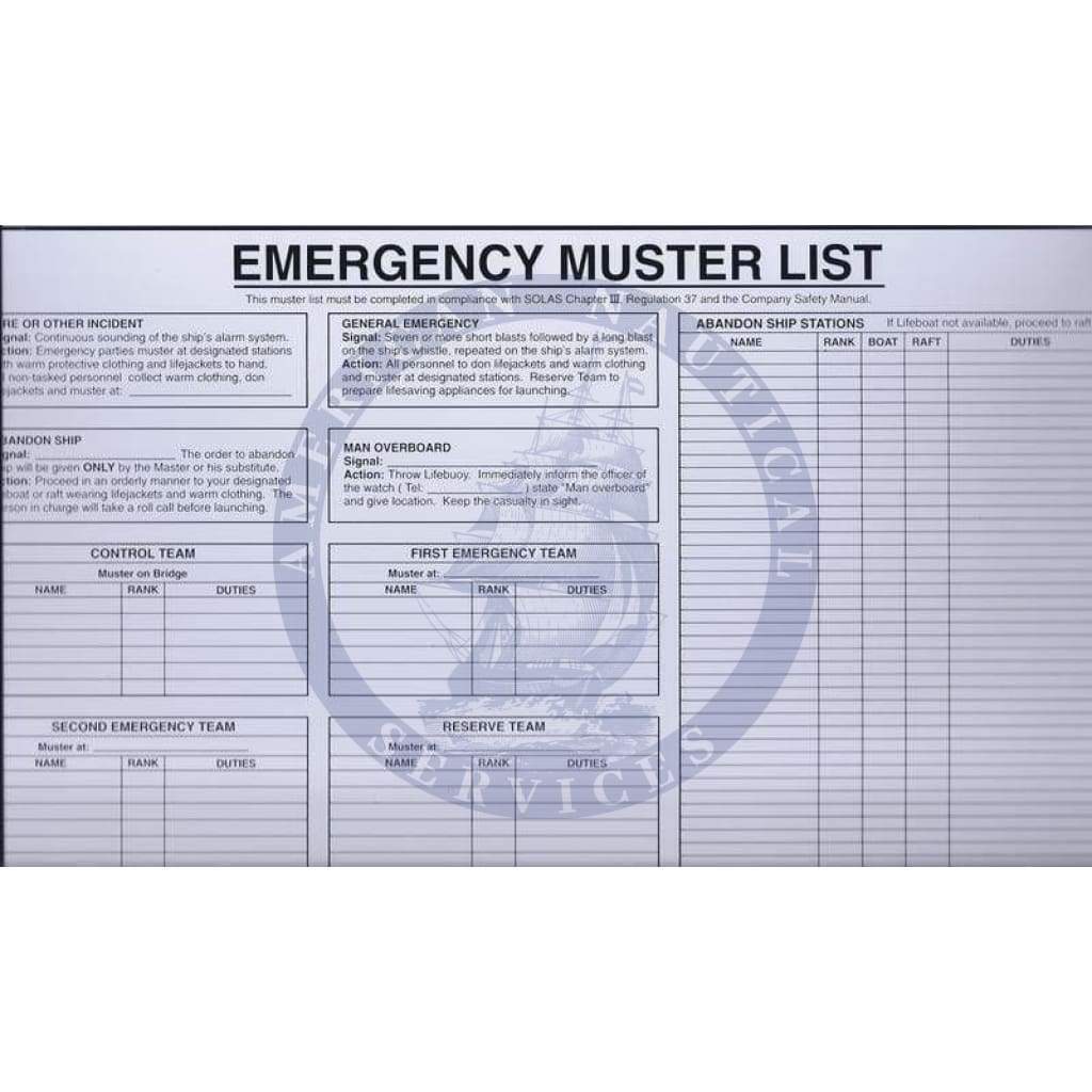 Emergency Muster List Complete with Wet-Wipe Pen - Amnautical