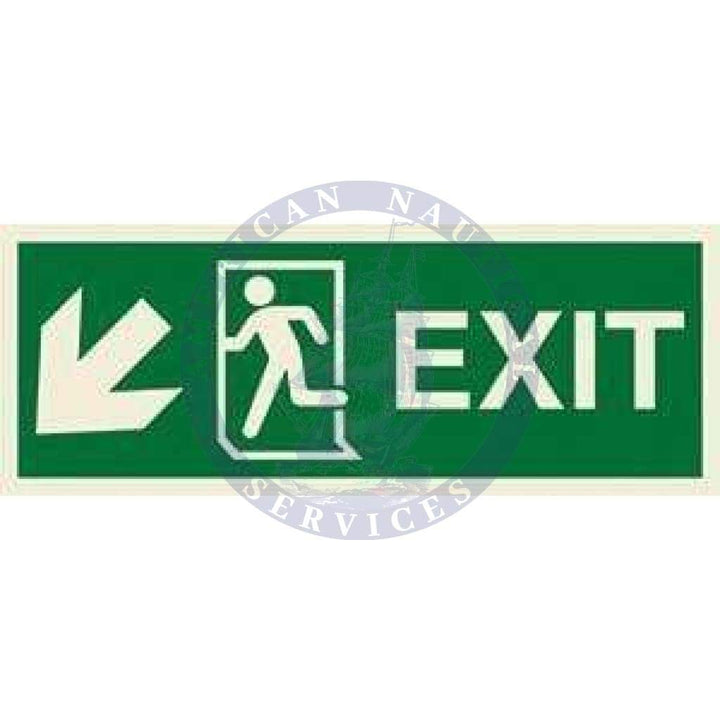 Marine Direction Sign: EXIT + Running man symbol + Arrow diagonally do ...