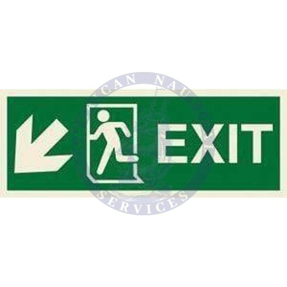 Marine Direction Sign: EXIT + Running man symbol + Arrow diagonally do ...